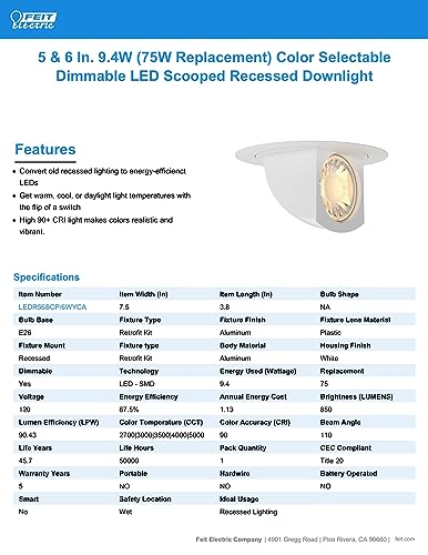 Feit Electric 5-6 inch Adjustable Scoop Recessed LED Downlight, Selectable Colors, Dimmable, 75W Equivalent, 45 Year Life, 540 Lumen, High CRI, LEDR56SCP/6WYCA