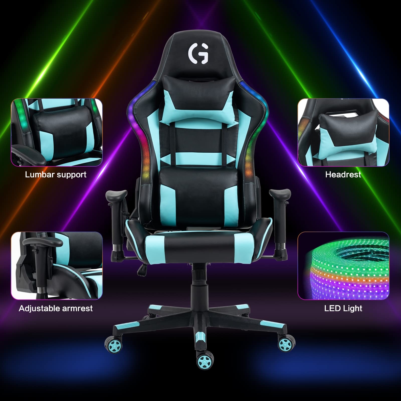 Gaming Chair with LED RGB Lights Ergonomic Office Computer Desk Chair Swivel Recliner, Black Red