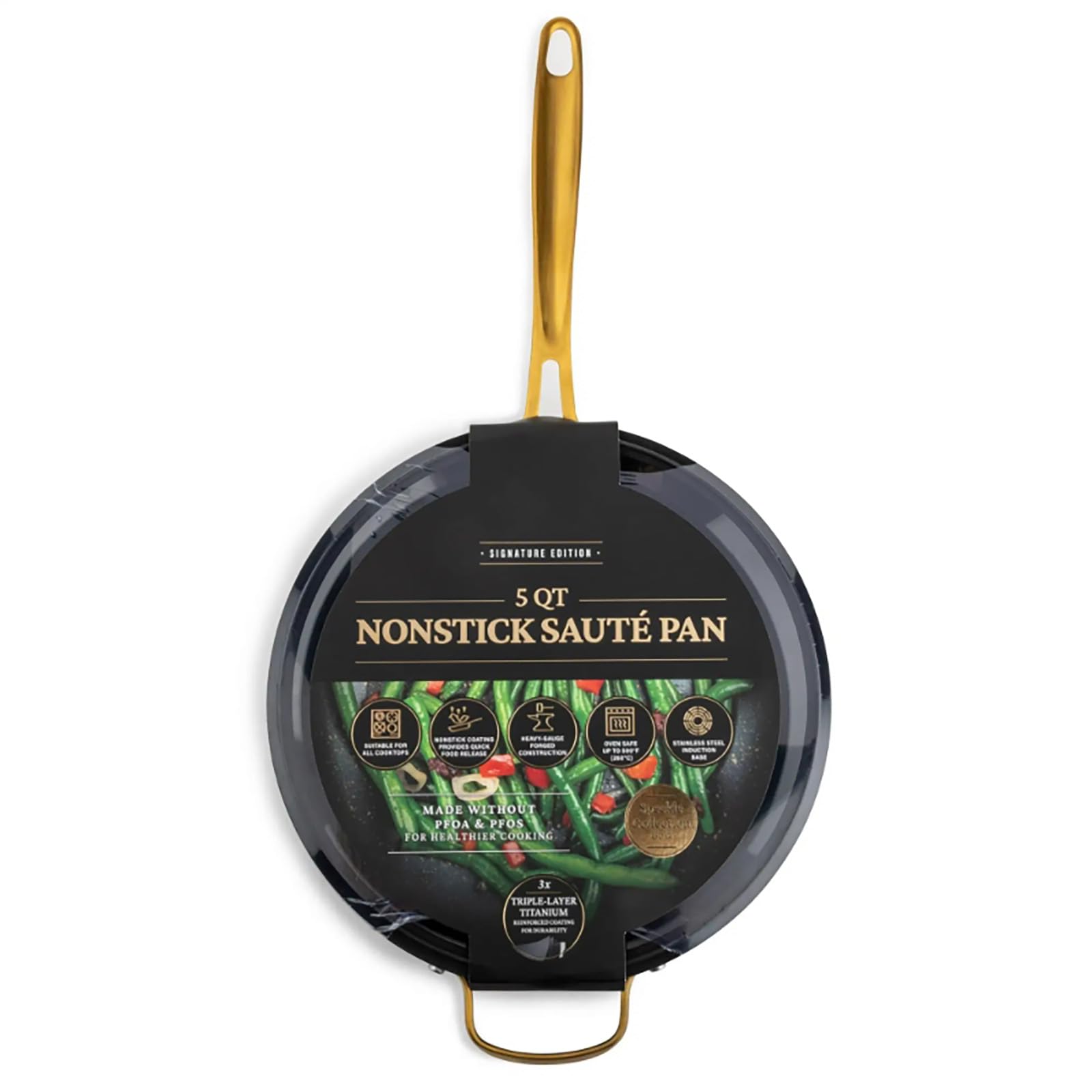 Non Stick Saute Pan with Glass Lid, 5 Quart Black and Gold Signature for Effortless Cooking, Durable Design, Excellent Heat Distribution