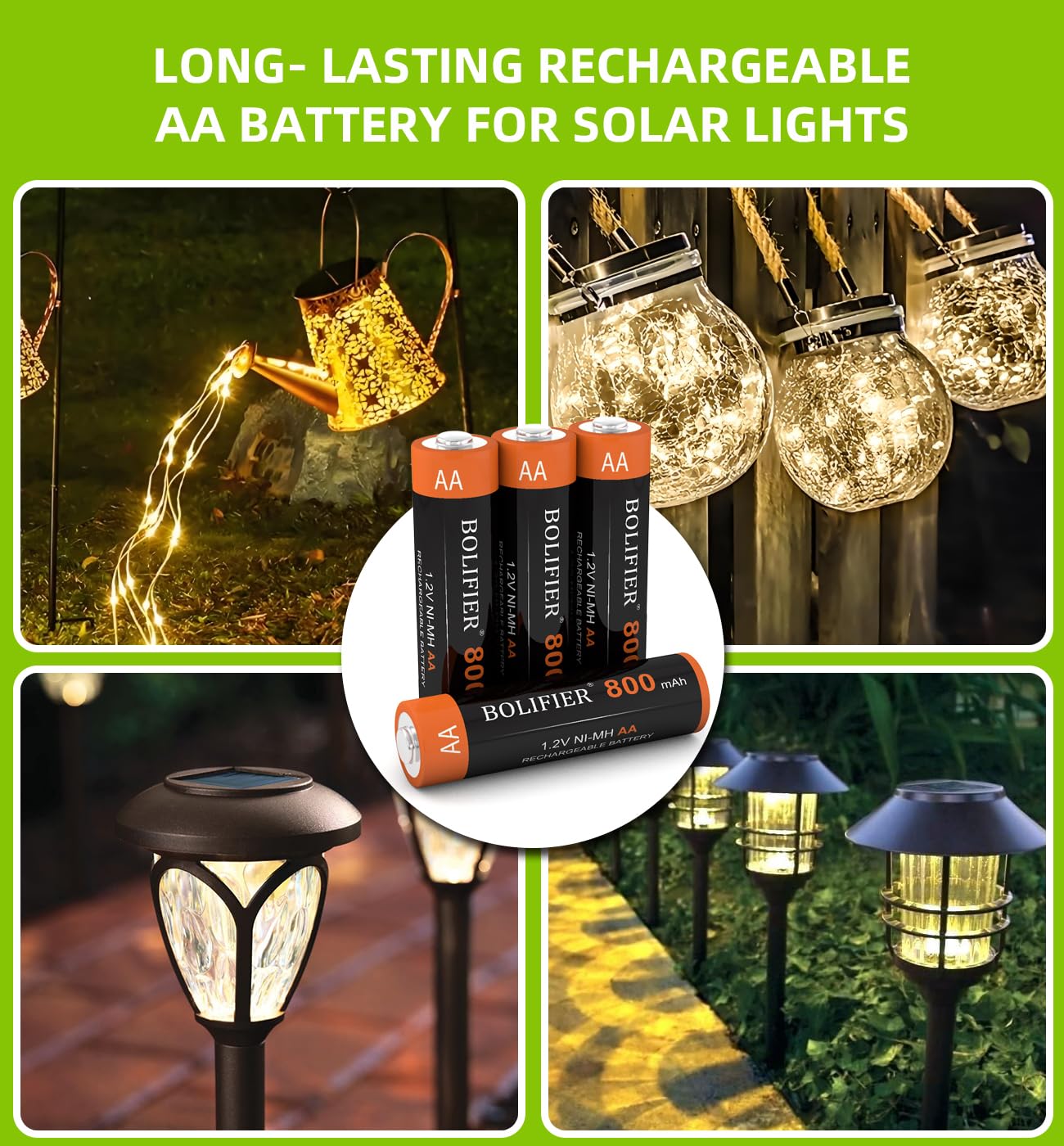 Kruta NiMH Rechargeable AA Batteries, 1.2V 800mAh Rechargeable AA Solar Batteries for Outdoor Solar Lights and Household Devices, Pre-Charged (AA Pack 8)