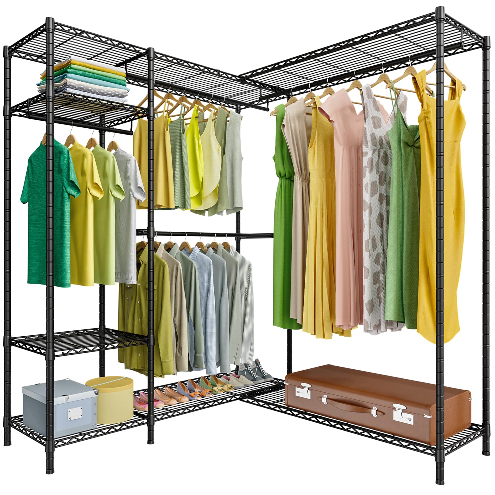 Ulif L2 L-shaped Clothes Rack, Freestanding Heavy-Duty Garment Rack with 6 Wire Shelves and 4 Hanger Rods, Portable Wardrobe Closet - 44" W x 43.3" L x 77.5" H, Max Load 802 LBS, Black