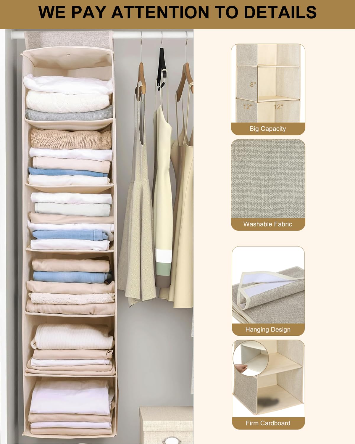NEATJELAI Hanging Closet Organizer 6 Tier Hanging Shelf for Wardrobe Clothes Organization and Storage,Large Shoe Organizer Foldable Design, Beige