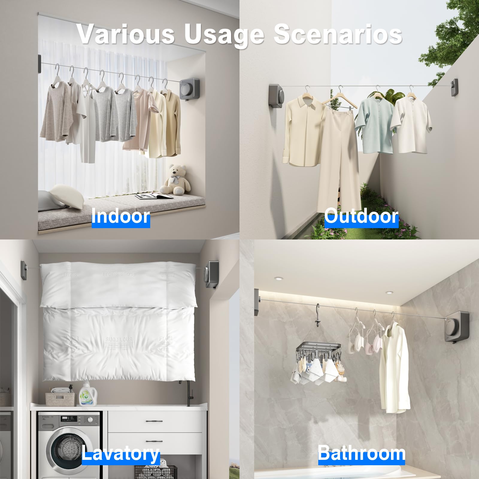 MUSTORN Retractable Clothesline Indoor, Non-Sagging Outdoor Clothes Line Retracting Heavy Duty Clothes Drying Laundry Line Wall Mounted Stainless Steel Line-15.1 Feets(Square-Grey)