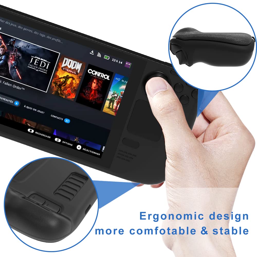 KMCIA Flip Cover for Steam Deck with 2 Pack Screen Protectors, Slim Protective Case with Magnetically Detachable Front Cover & Anti-Slip Thumb Caps Compatibe with Steam Deck -Black (Flip)