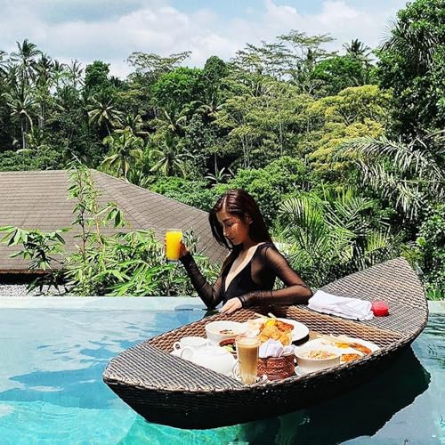 Floating Tray Floating Serving Tray Swimming Pool Rattan Woven Loating Food & Drink Holder, for Pool Serving Drinks, Brunch, Food On The Water, Brown