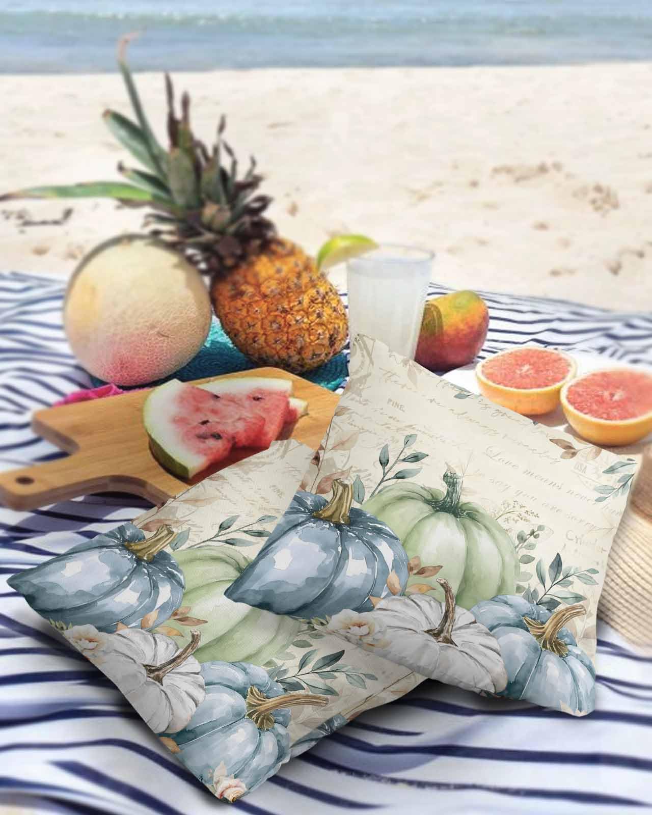 MUSWEDSEP Outdoor Pillow Covers Pack of 2,Fall Thanksgiving Pumpkin Green Blue Farm Plants Waterproof Throw Pillow Cover Decorative Cushion Case for Patio Garden Couch Sofa,Retro Letter Pillowcase
