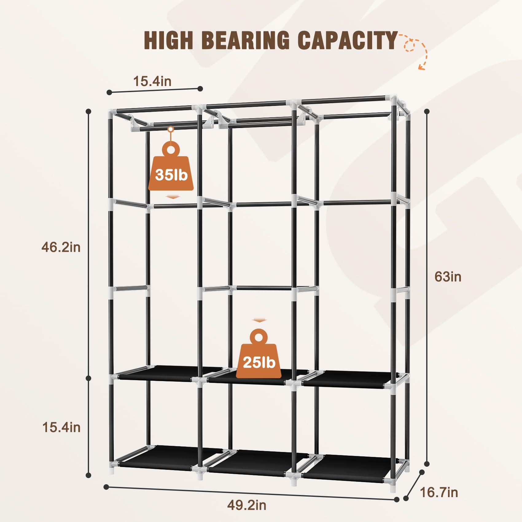 Neatrays Wardrobe Closet,Portable Closets for Hanging Clothes,Free Standing Clothes Rack with Cover & 3 Hanging rods & 6 Storage Shelves & 2 Side Pockets