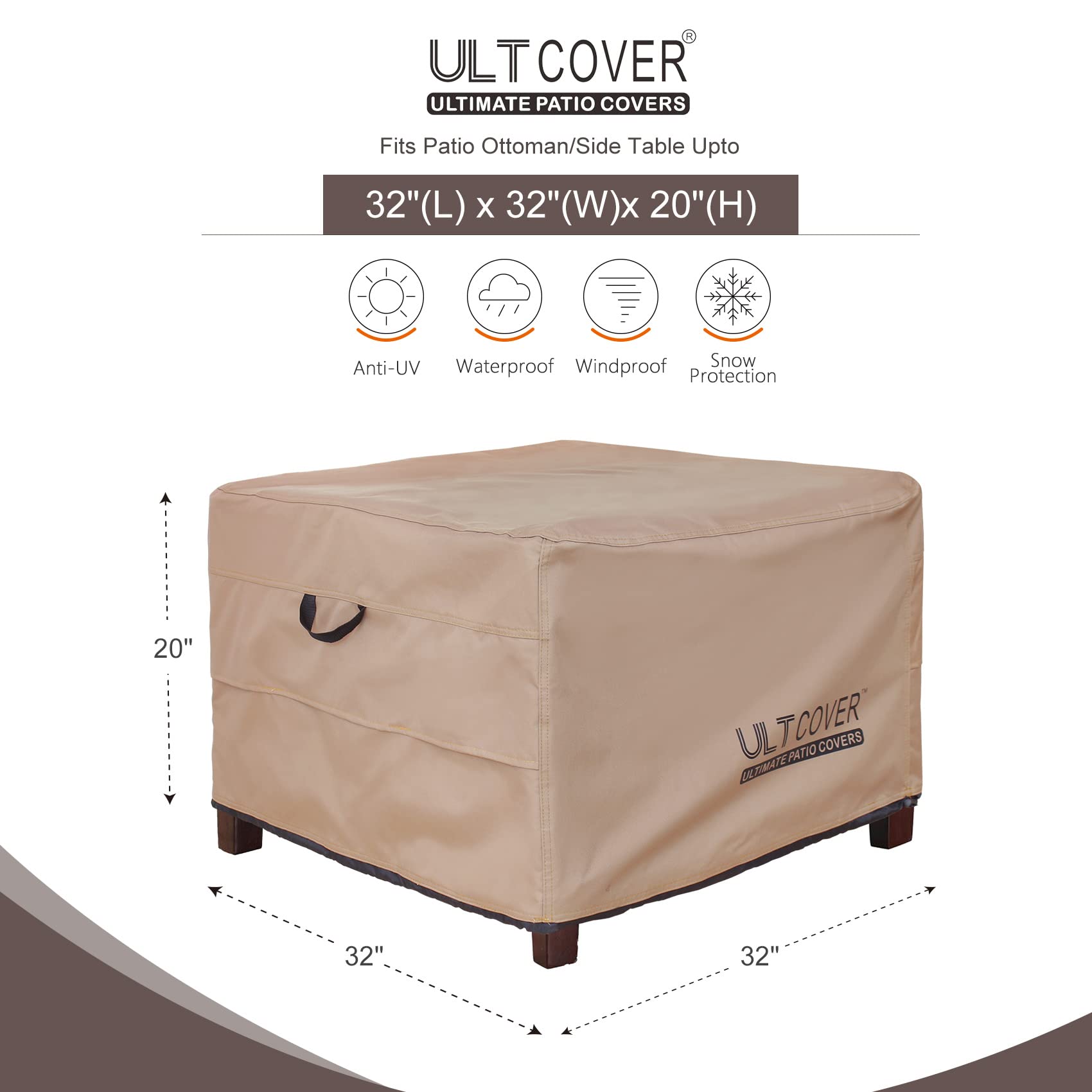 ULTCOVER Waterproof Patio Ottoman Cover Square Outdoor Side Table Furniture Covers Size 32L x 32W x 20H inch
