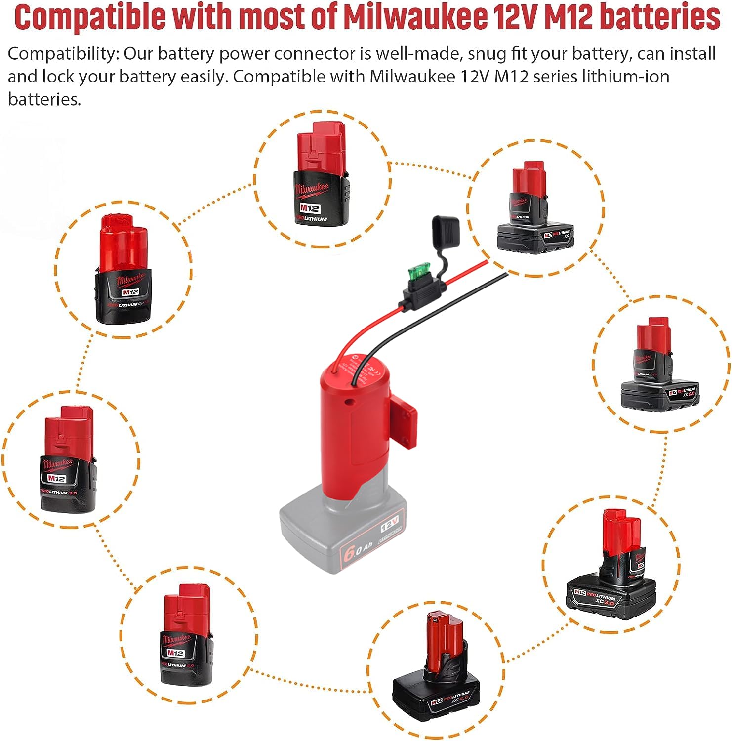 M12 Battery Adapter for Milwaukee 12V Battery Adapter,Power Wheel Adapter for Milwaukee M12 12V Battery with Fuse 14 Gauge Robotic for Rc Car, Robotics, Rc Truck,DIY use