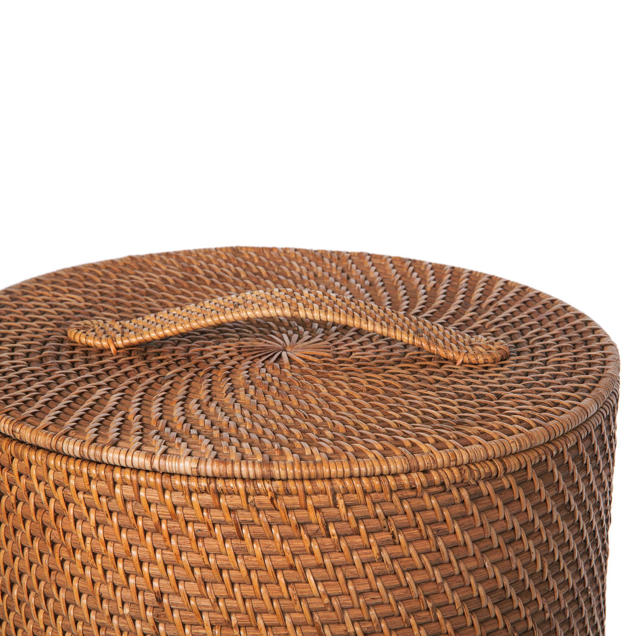 KOUBOO Round Rattan Laundry Hamper with Removable Liner and Lid - Coastal, Natural Decor Style - Small Size for Apartment Living - Honey-Brown -18 in. height
