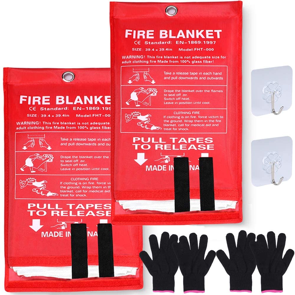 Fire Blanket for Home, Sportneer 2 Pack Emergency Fire Blanket Kitchen Camping Fireproof Fire Resistant Blankets Fire Protection Retardant Survival Safety Suppression for Camping Kitchen 39.3''x39.3''