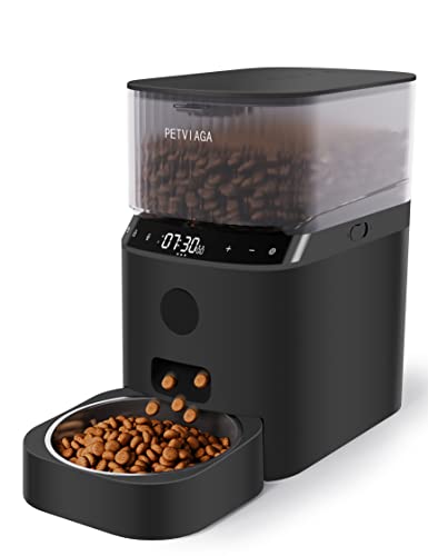 PETVIAGA Automatic Cat Feeders with Timer, 5L Timed Dog Food Dispenser with Desiccant Bag & Stainless Steel Bowl, Auto Pet Feeder for Dry Food with 6 Feeding Meals, 20 Portions Control & 10s Recording