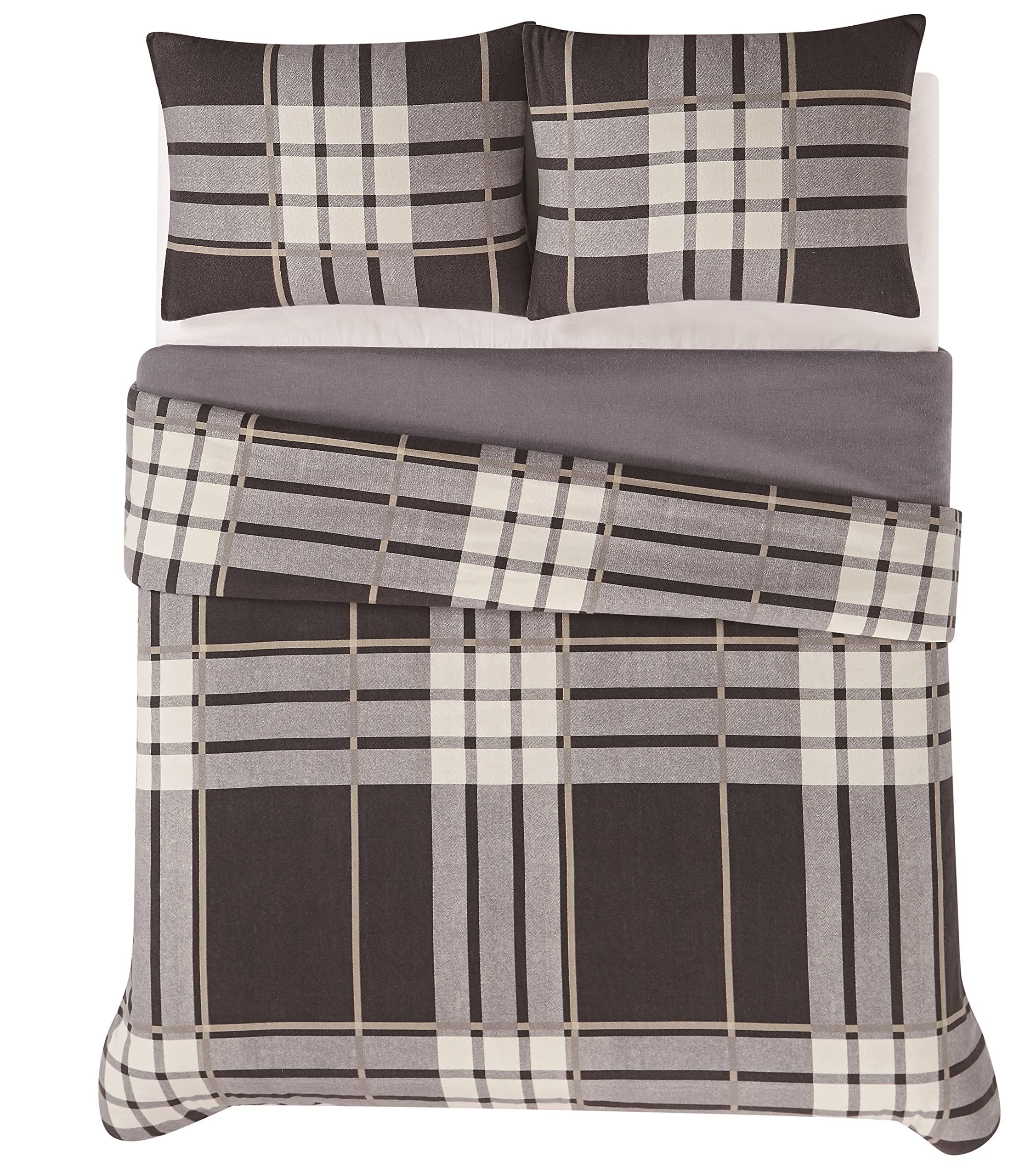Truly Soft Everyday - Full/Queen 3 Piece Duvet + Sham Set - Milo Plaid Flannel Collection - Grey