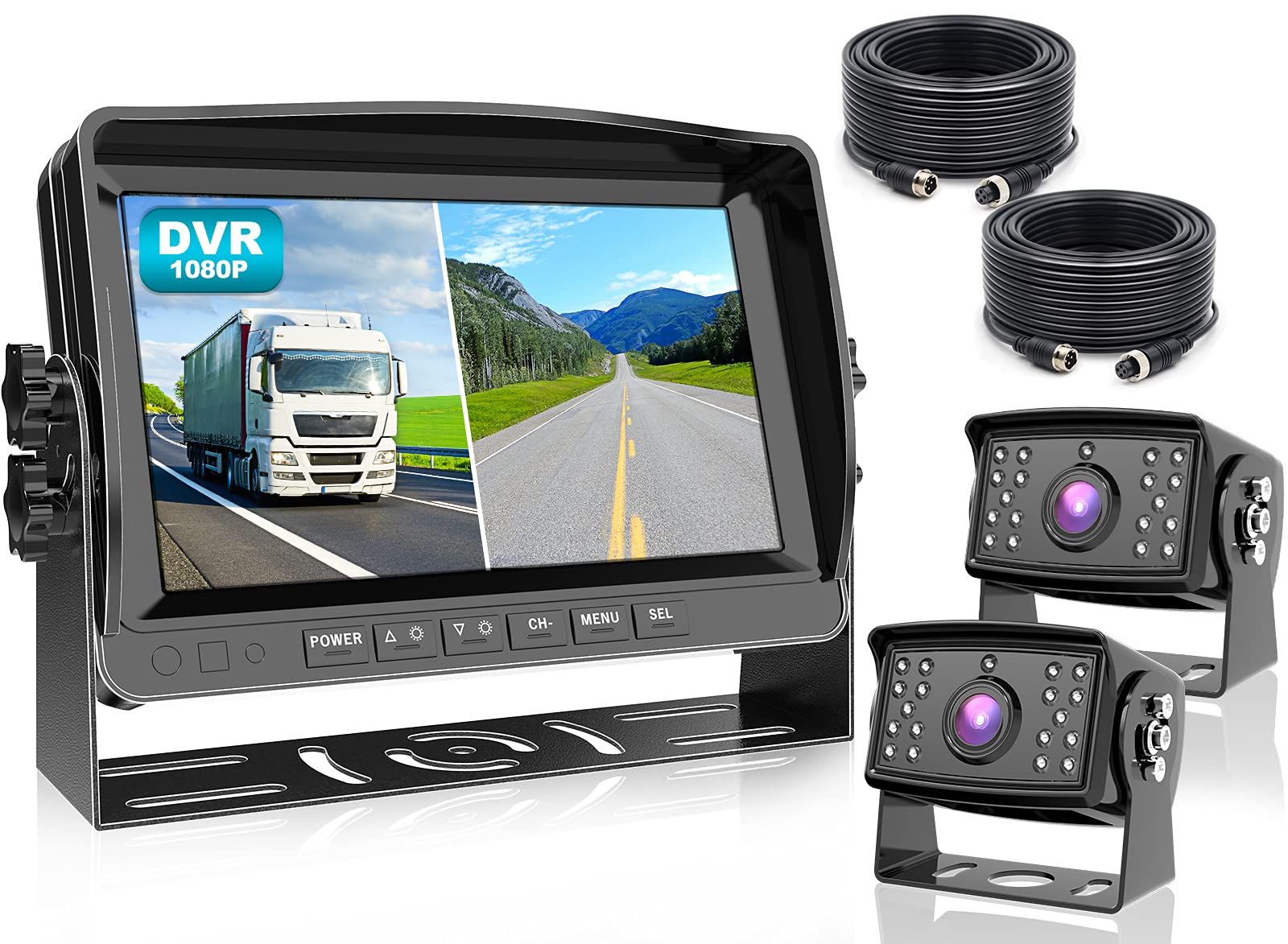 Fookoo Ⅱ HD 1080P 9" Wired Backup Camera System, 9-inch DVR Dual Split Screen Monitor, IP69 Waterproof Rear View Camera for Truck/Trailer/Box Truck/RV, Loop Record, Parking Lines (DY912)