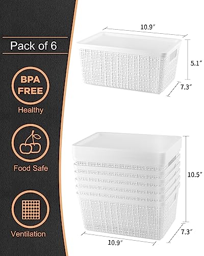 EOENVIVS Plastic Storage Baskets with Lids Lidded Storage Bins Pantry Organization and Storage Containers Organizer Bins for Shelves Drawers Desktop Closet Playroom Classroom Office,White