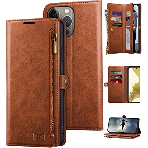 SUANPOT for iPhone 14 Pro Max Wallet case 【RFID Blocking】【9 Card Slot】【Pocket】,Credit Card Holder Flip Folio Book Zipper PU Leather Protective Cover Women Men for 14 ProMax Phone case Light Brown