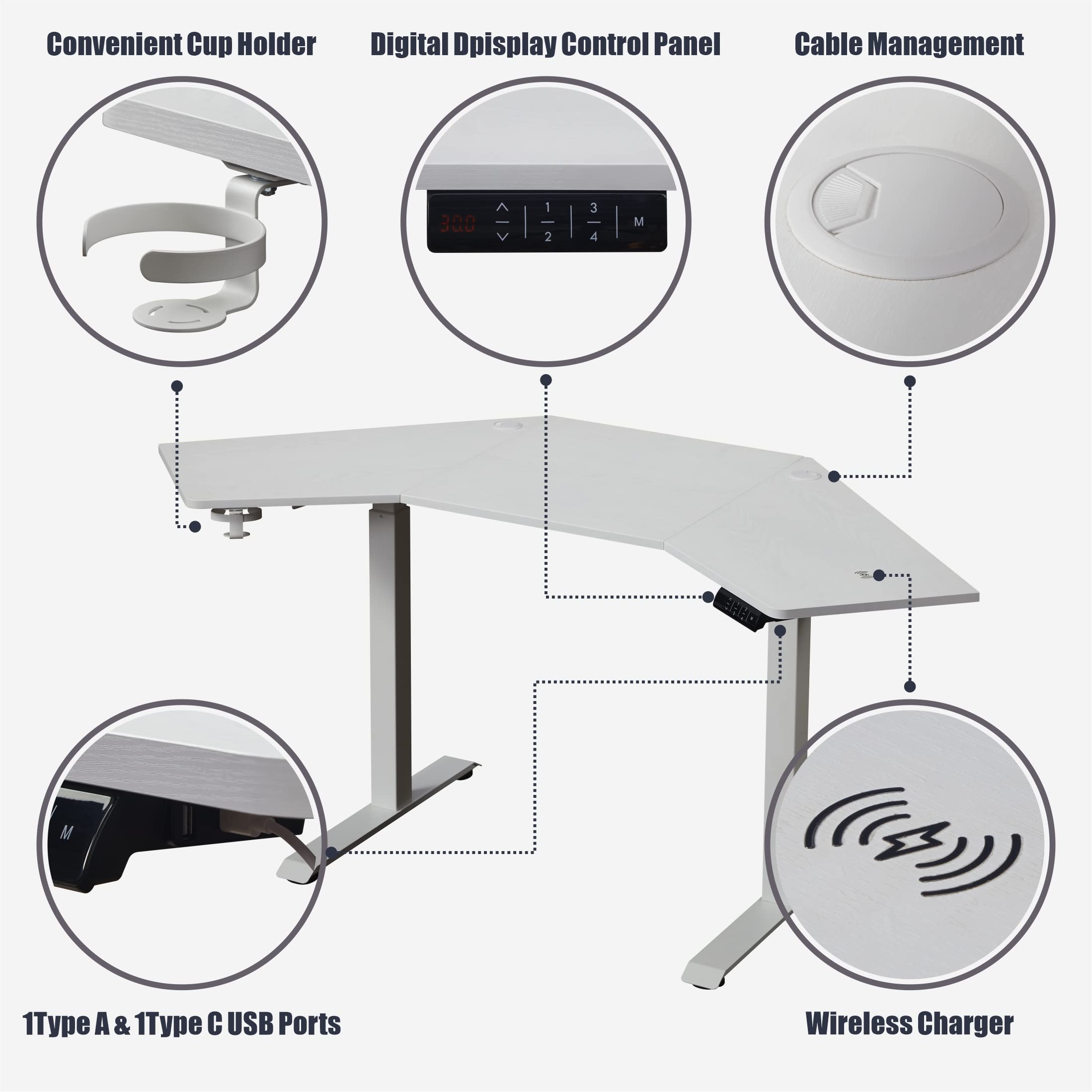 kowo L Shaped Height Adjustable Electric Standing Desk with USB C Hub & Wireless Charger, Sit Stand Corner Desk, Memory Settings, Stand Up Computer Desk Adjustable Table, White