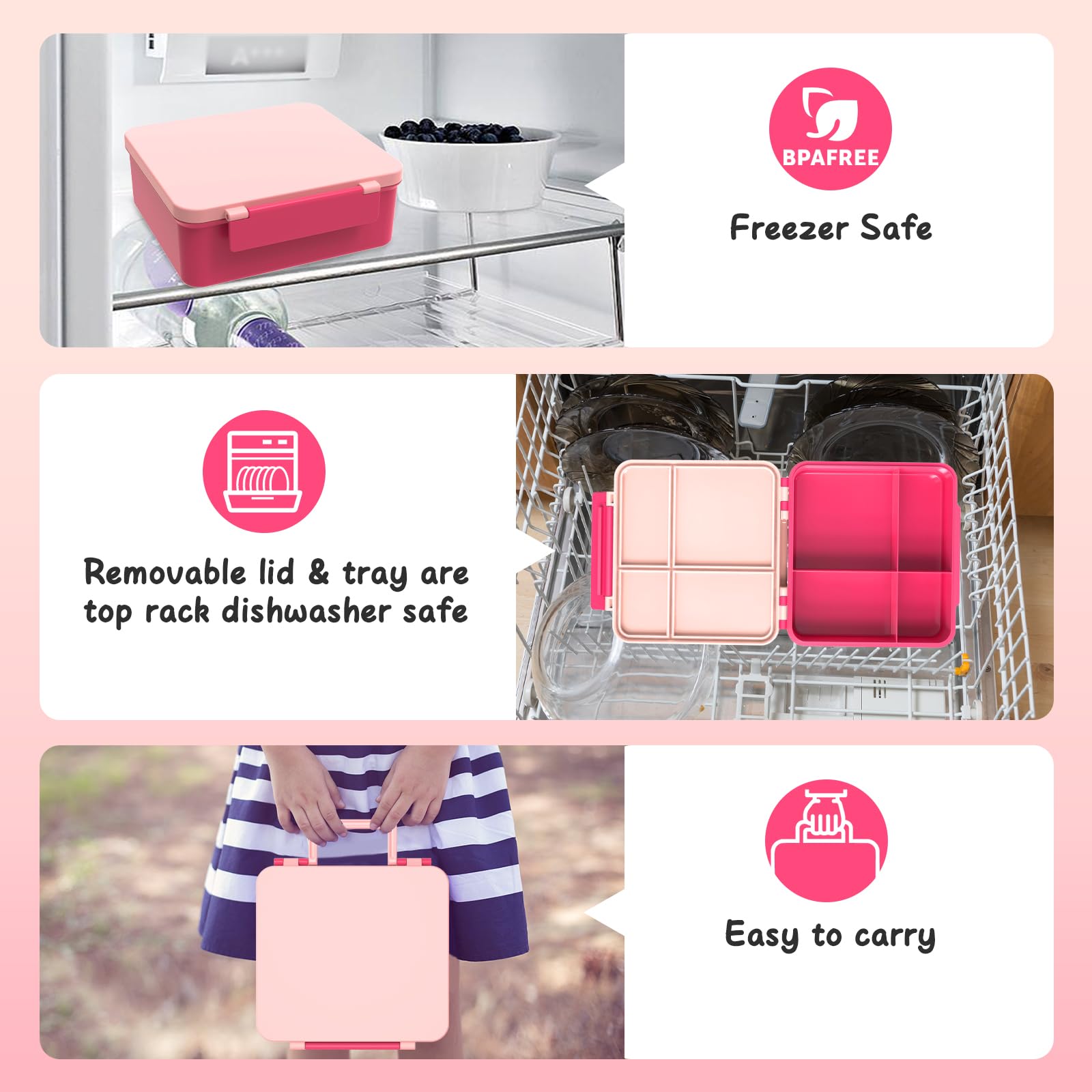 LOHASOK Bento Lunch Box with 8oz Soup Thermo, Leak-Proof Lunch Containers with 4 Compartment, Thermo Hot Food Jar and Insulated Lunch Bag for School Pink