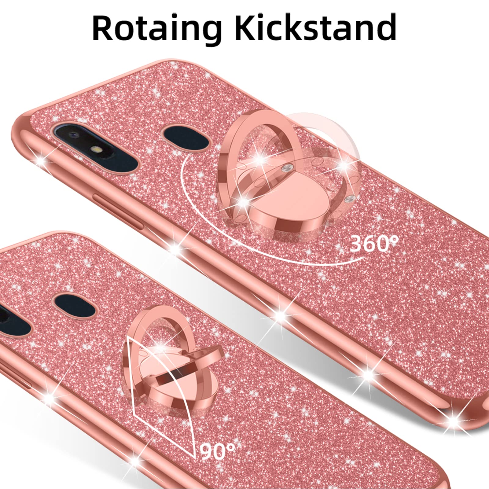 for Samsung Galaxy A10E Phone Case Girls Women Cute Rhinestone Glitter TPU Case with Ring Stand Strap Lanyard Shockproof Protection Cover for Samsung Galaxy A20E -Rose Gold