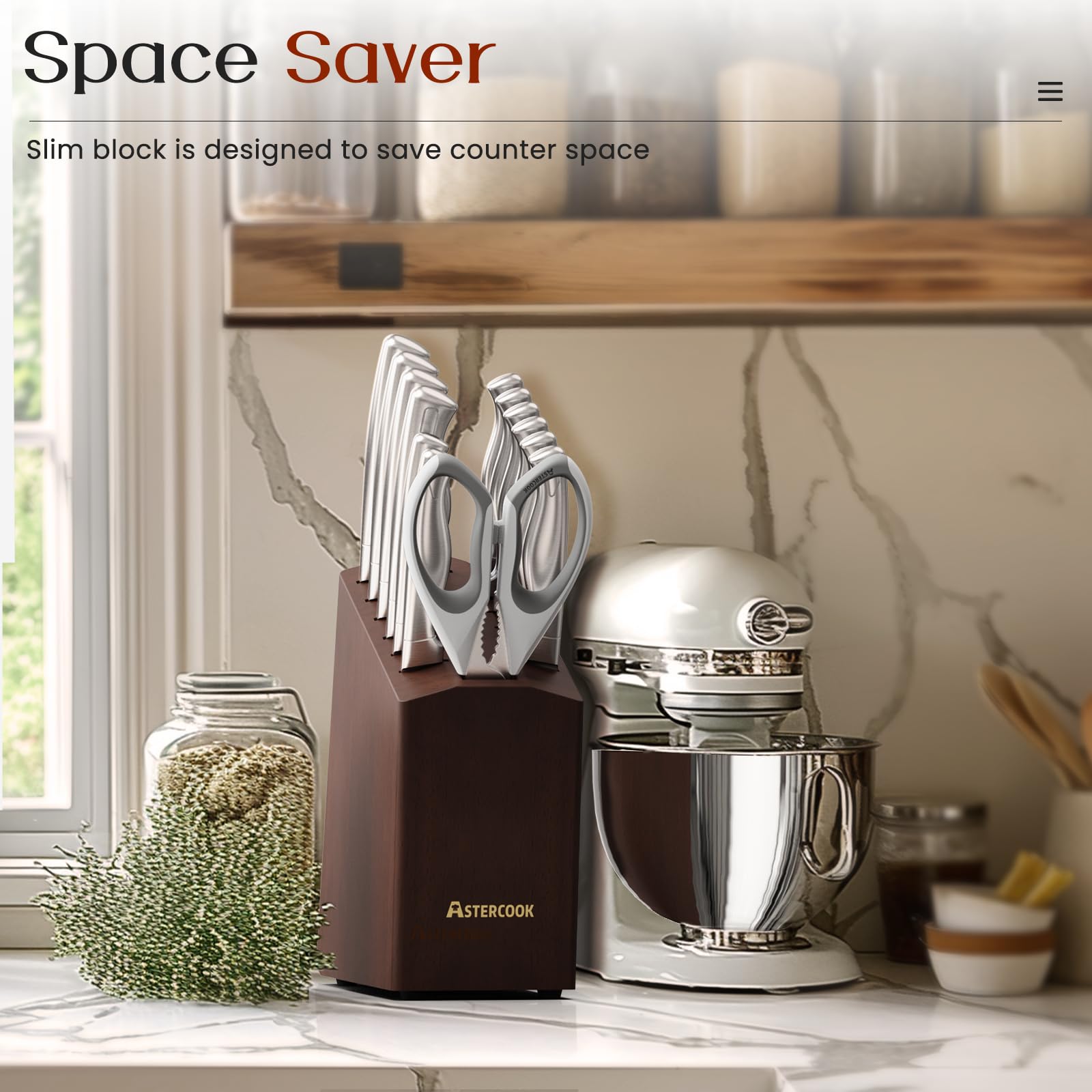 Knife Set, Astercook 15 Pcs Knife Sets for Kitchen with Block, Dishwasher Safe Kitchen Knife Set with Built-in Sharpener, German Stainless Steel Knife Block Set