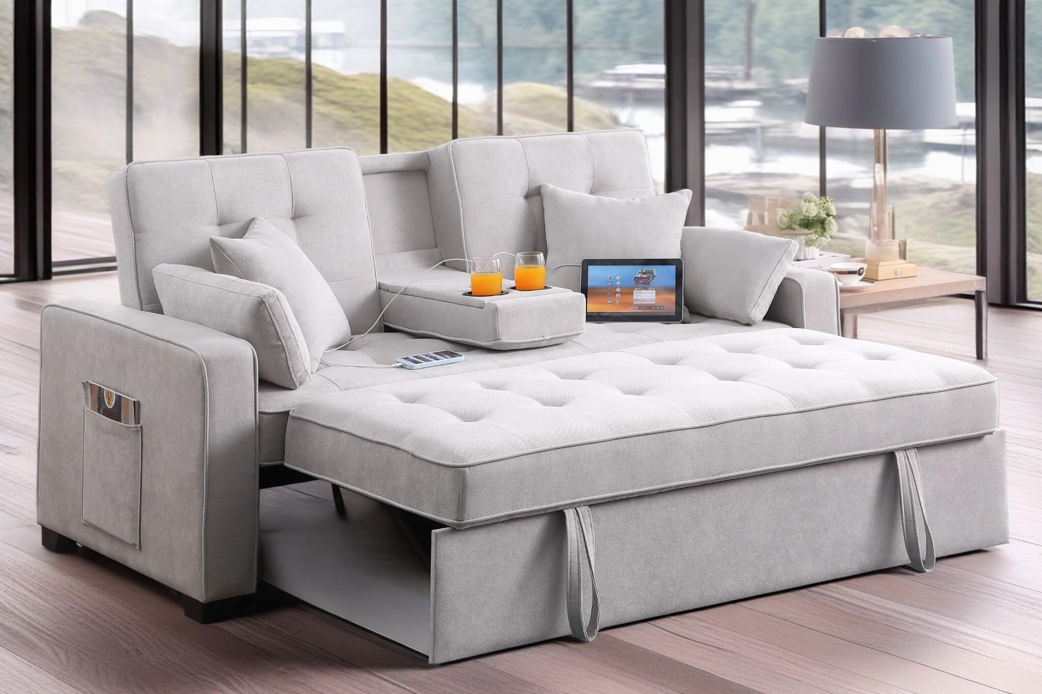 MMTGO 3-Seat Sectional Sofa Set with Storage Ottoman, Cup Holder, USB Port, Magazine Bags, Storaged Armrests, L Shaped Upholstered Couch for Living Room, Compact Space