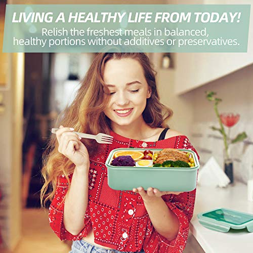 Porzu Bento Lunch Box, 1400 ML Lunch Box Meal PrepFor Kids & Adults,3 Compartments Portable Food Container with Utensil (Green)