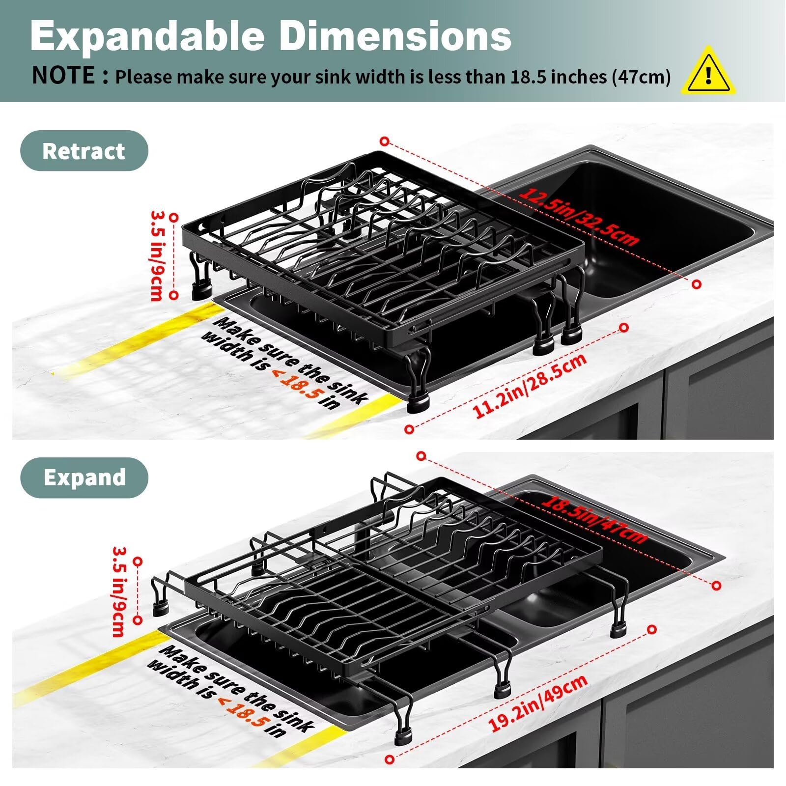 MOUKABAL Expandable Dish Drying Rack-Over Sink&Dish Drainer Holder for Kitchen Counter,Space-Saving Kitchen Organizer with Large Capacity,Matte Black, Stainless Steel