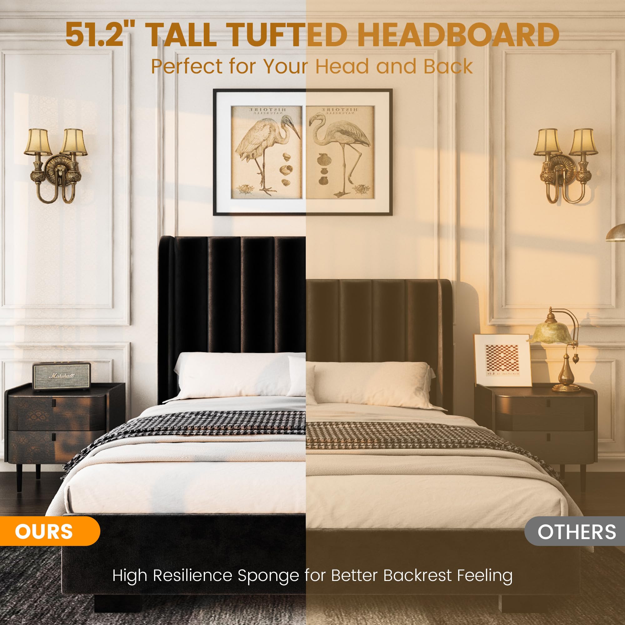 Queen Size Upholstered Lift Up Storage Bed Frame with 51.2" Tall Headboard, Velvet Wingback Tufted Design, Wood Slats Support, No Box Spring Required, Noise-Free Double Low Bed Frame (Queen,Beige)