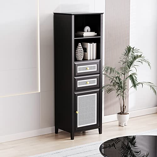 OPTOUGH Boho Style Slim Tall Storage Narrow Bathroom Corner Rattan Door Mid Century Modern Tower Freestanding Cabinet Organizer with Metal Handles for Kitchen, Living Room, Bedroom, Black