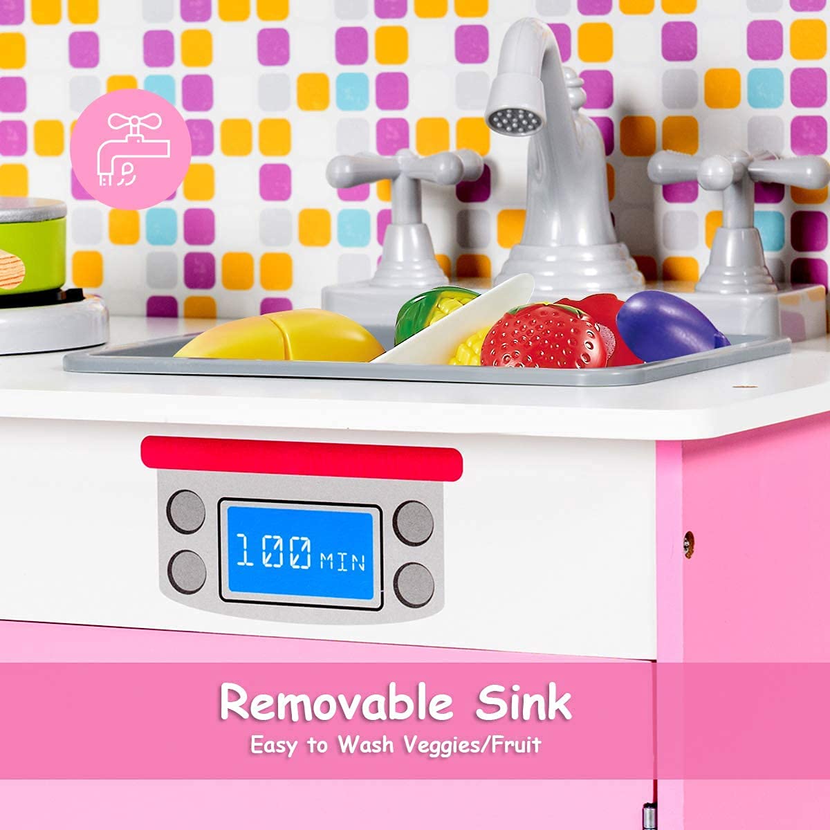 Fireflowery Kids Kitchen Playset, Wooden Cookware Set with Removable Sink, Pegs on The Wall, Microwave,Top Display Shelf, Play Kitchen for Toddlers 3+ (Pink)