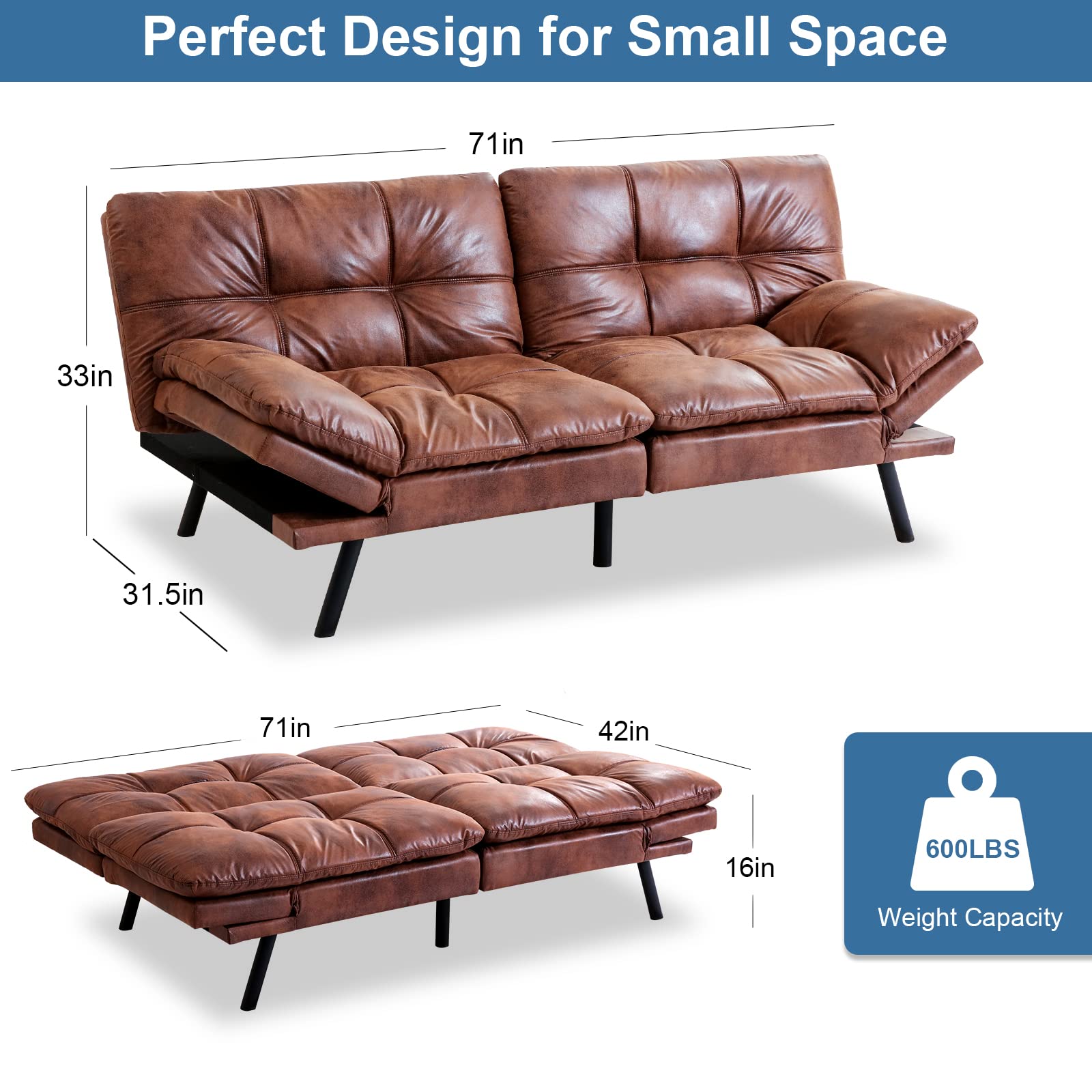 MUUEGM Futon Couch Bed Sleeper Convertible Modern Memory Foam Love seat,Faux Leather Foldable Daybed for Living Room Office Apartment,Adjustable Armrest&Backrest Sofas, Light Brown