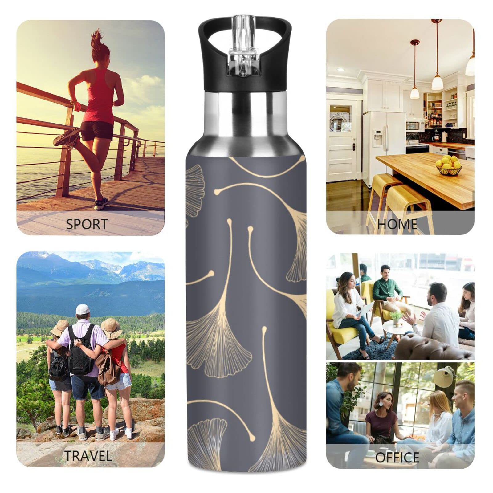 Ginkgo Leaves Leak Free Insulated Bottles with Handle 32 oz Vaccuum Bottle with Straw Lid Thermal Bottle for Hot & Cold Drinks BAP-Free