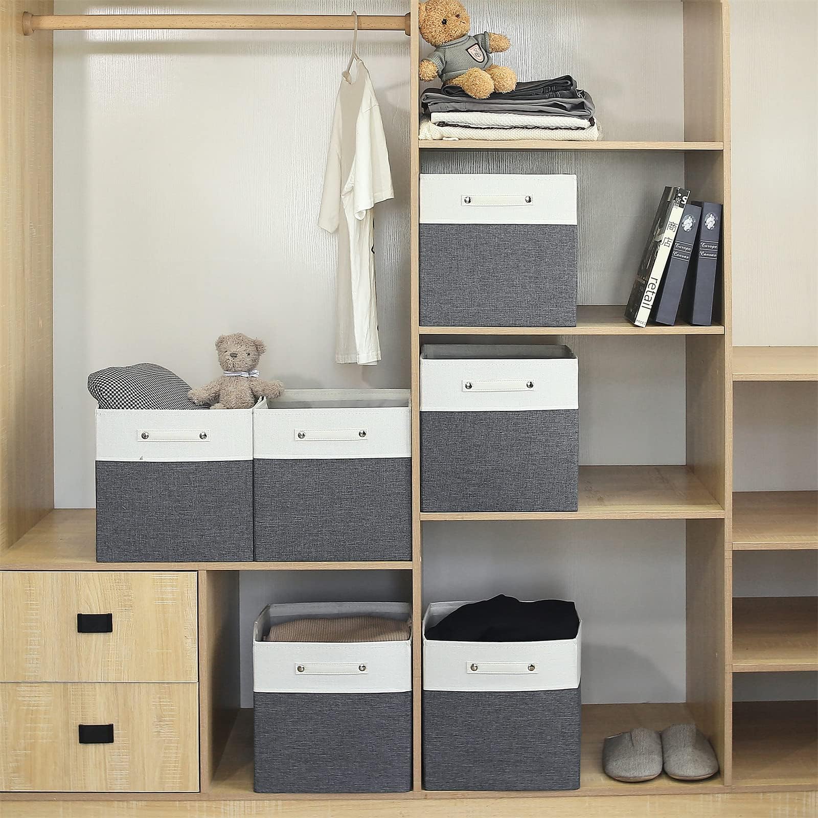 FinishingBo 13x13x13 Cube Storage Bins, Collapsible Fabric Storage Cubes Organizer , Foldable Large Storage Baskets for Nursery, Toys Organizing Closet, Shelf Cabinet(6Pack, White and Grey