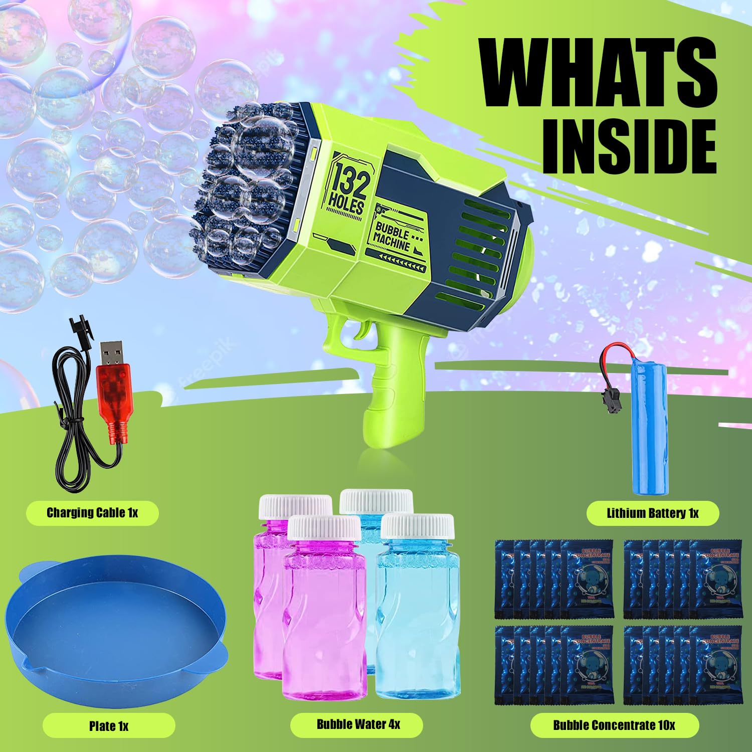 Dynasty Pro Bubble Machine Gun 132 Hole Bubble Maker - Bazooka Bubble Gun and Lights - 6000+ Bubbles Per Min Suitable for Children & Adults - Electric Bubble Gun For Indoor, Outdoor & Birthday (Green)