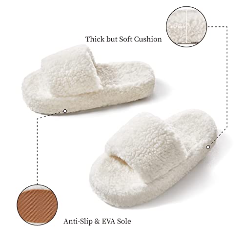 posee Fuzzy Memory Foam Slippers for Women, Fluffy Open Toe Slippers Curly Fur Cozy Flat Spa Slide Slippers Comfy Soft Non-Slip House Shoes Indoor and Outdoor, Warm Gift