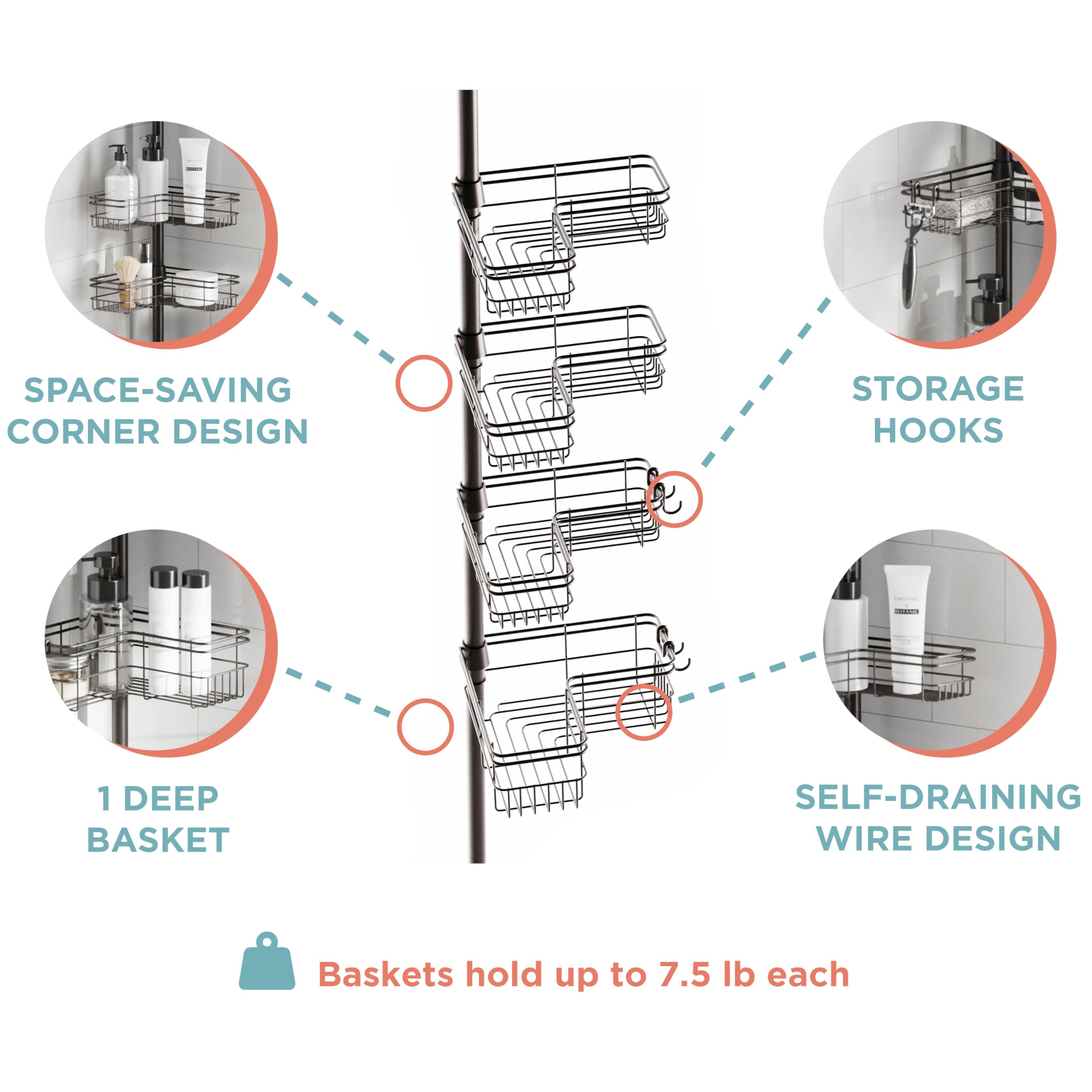 Zenna Home Tension Pole Shower Caddy with 4 L-Shaped Shelves with Hooks, Bronze, 60-97 Inch – Rust-Resistant Corner Shower Organizer Shelf – Adjustable Shower Rack for Bath Essentials