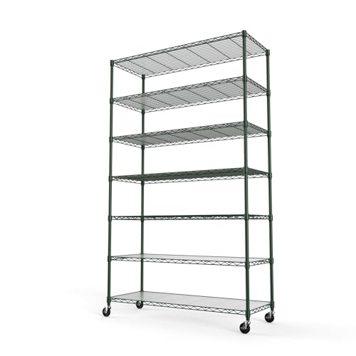 pouseayar Wire Shelving Unit, 7 Tier NSF Metal Shelf 2450lbs Capacity Heavy Duty Adjustable Storage Rack with Wheels & Shelf Liners for Kitchen Garage Basement, 82" H x 48" L x 18" D Green