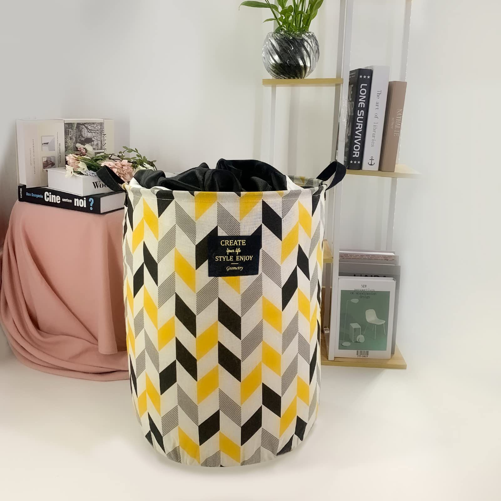 SineGux 19.7 Inches Large Laundry Basket Clothes Hamper Foldable Canvas Fabric Storage Basket Waterproof Collapsible Storage Bin with Handles for Bedroom Nursery Toys Organizer (Geometric Yellow)