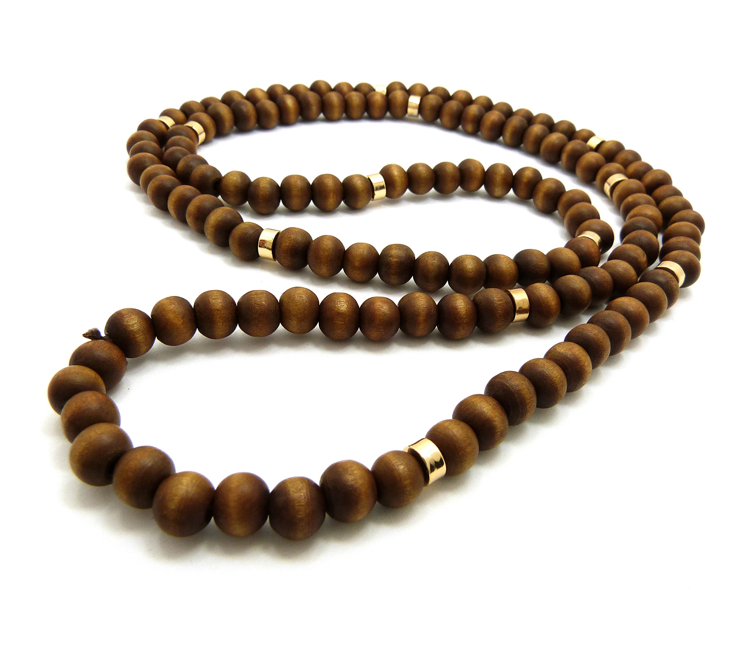 Fashion 21 Jet Black, Brown Tone 8mm 36" Wooden Bead Metal Connect Ball Bead Necklace (Brown + Gold Color Metal Joint)