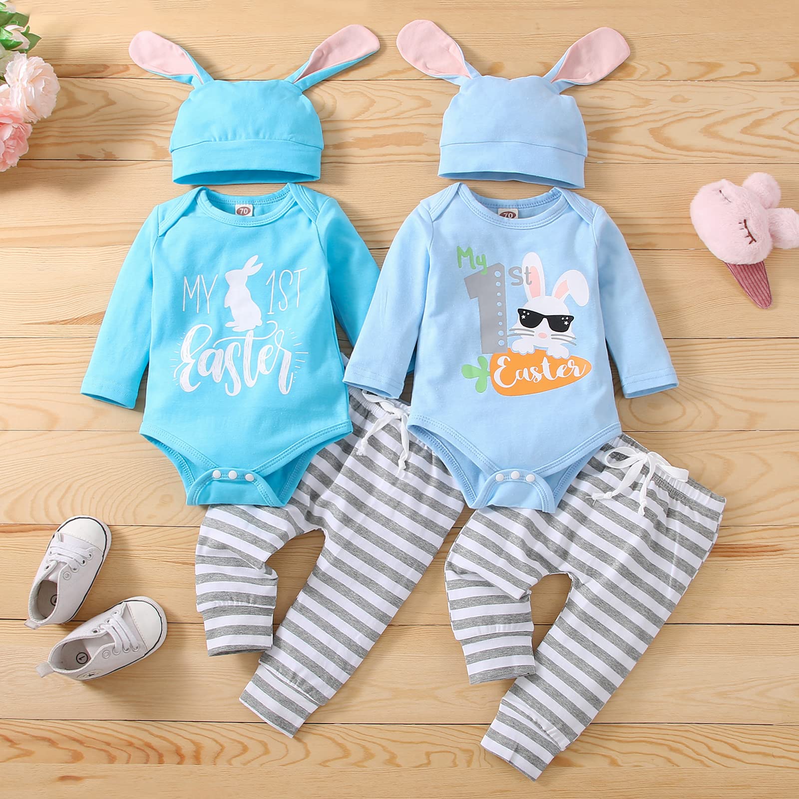 Noubeau Baby Boy Girl Easter Outfit My 1st Easter Long Sleeve Romper Stripe Pants Bunny Ears Hat 3PCS Clothes Set(Bunny-2,3-6 Months)
