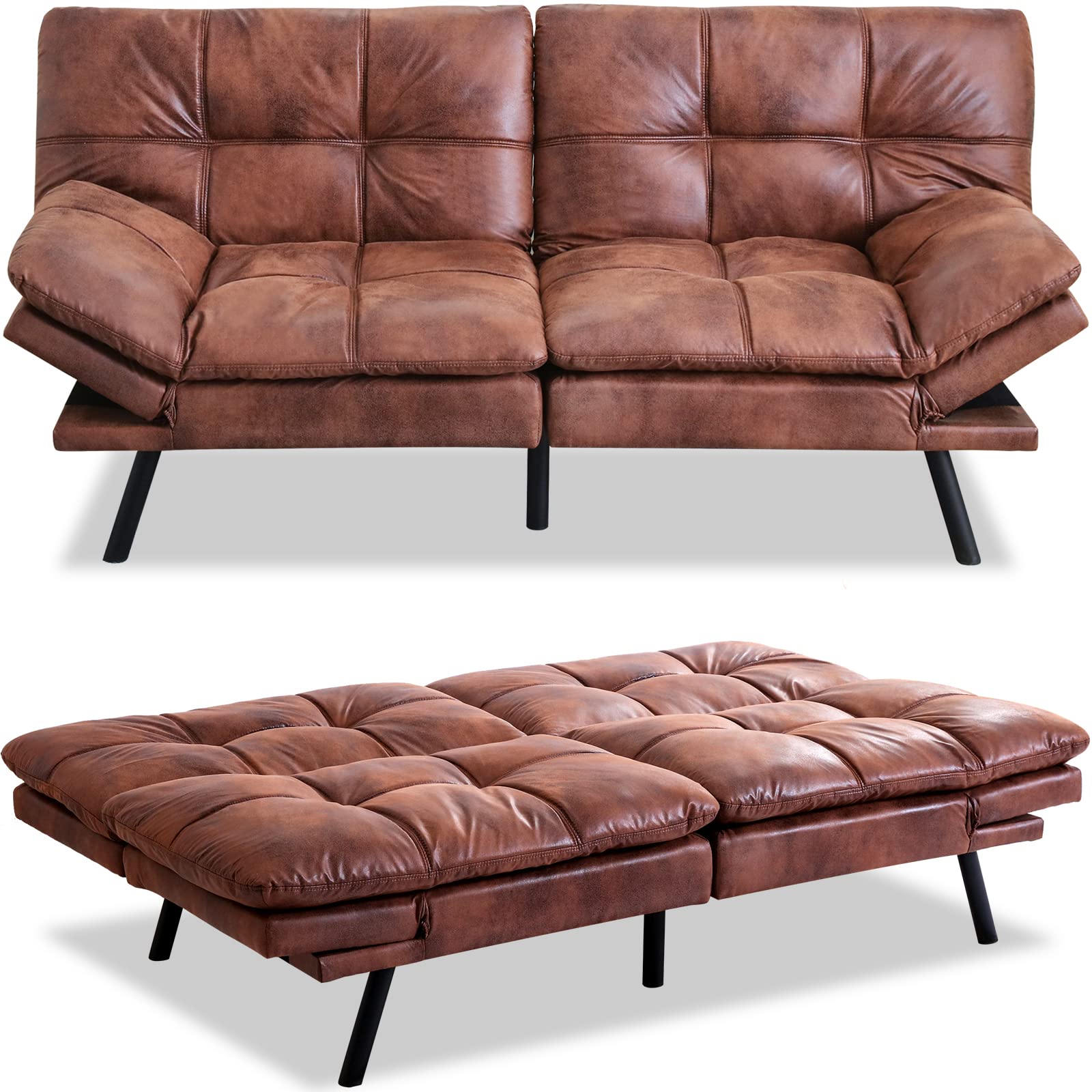 MUUEGM Futon Sofa Bed Convertible Memory Foam Sleeper Couch,Modern Faux Leather Loveseat for Living Room,Small Compact Space,Dorm,Office,Adjustable Armrests Backrest Sofabed, Brown