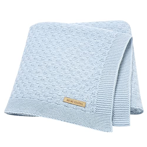 LAWKUL Cable Knit Baby Blanket 100% Cotton Blue Receiving Infant Swaddle Nursery Blankets Crochet Neutral Newborn Boy Girls