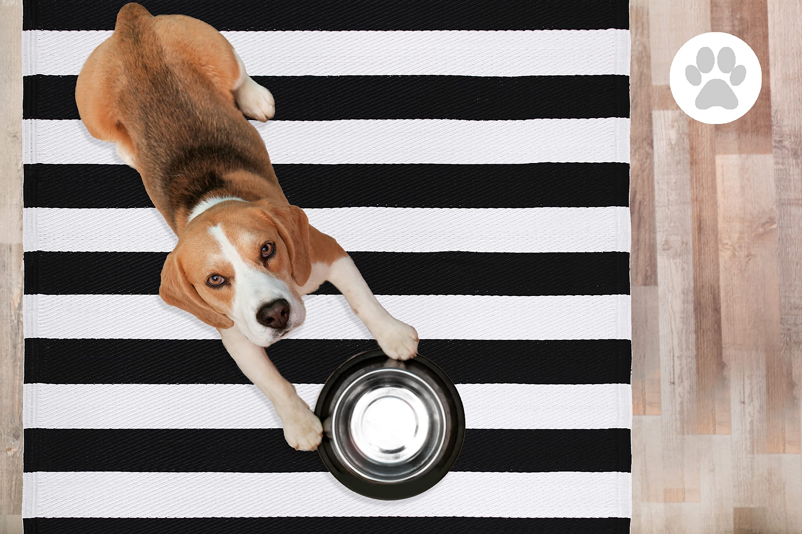FH Home Outdoor Rug - Waterproof, Fade Resistant, Reversible - Premium Recycled Plastic - Striped - Porch, Deck, Balcony, Mudroom, Laundry Room, Patio - Brittany - Black & White Crease Free - 3 x 5 ft