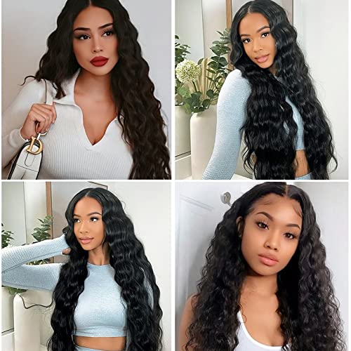 Flvaco 30'' Synthetic Curly Wig for Women, Deep Wave Lace Front Wig and Long Black Wig for Women Daily Use with 4" Simulated Scalp (Black)