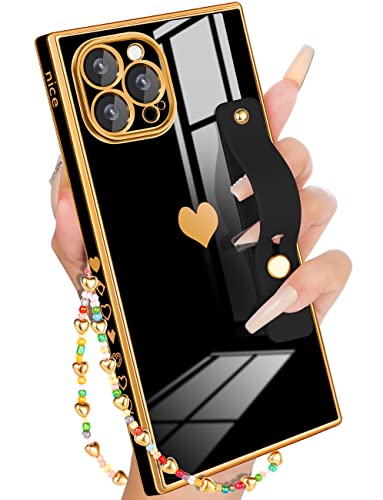 Petitian for iPhone 13 Pro Max Square Case with Loopy Stand/Strap, Luxury Cute Women Girls Heart Electroplated Designer Squared Edge Phone Cases for 13 Pro Max Black