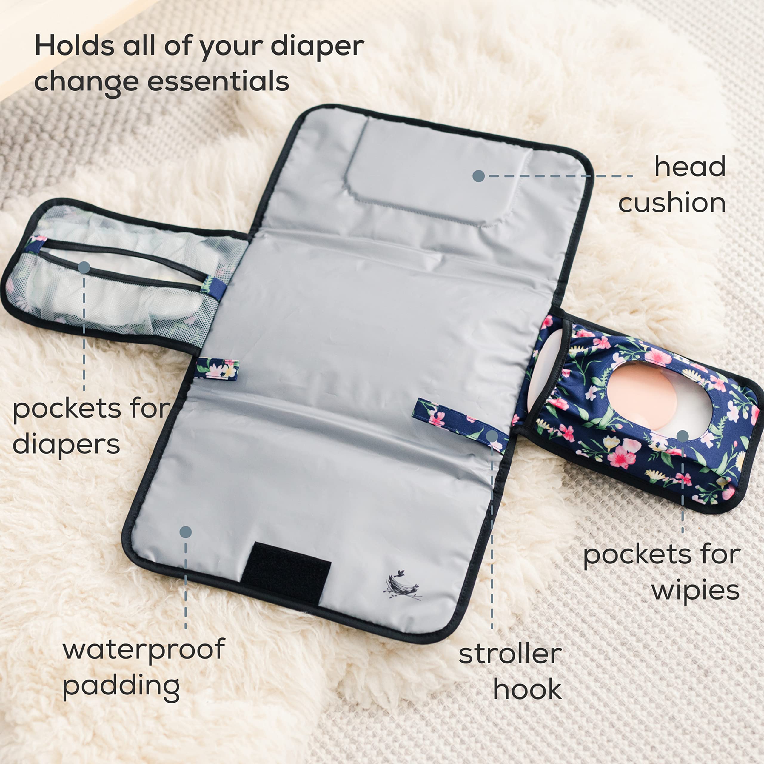 First Landings Portable Diaper Changing Pad - Convenient Travel Changing Pad and Wipe Holder - Portable Changing Pad - Grey