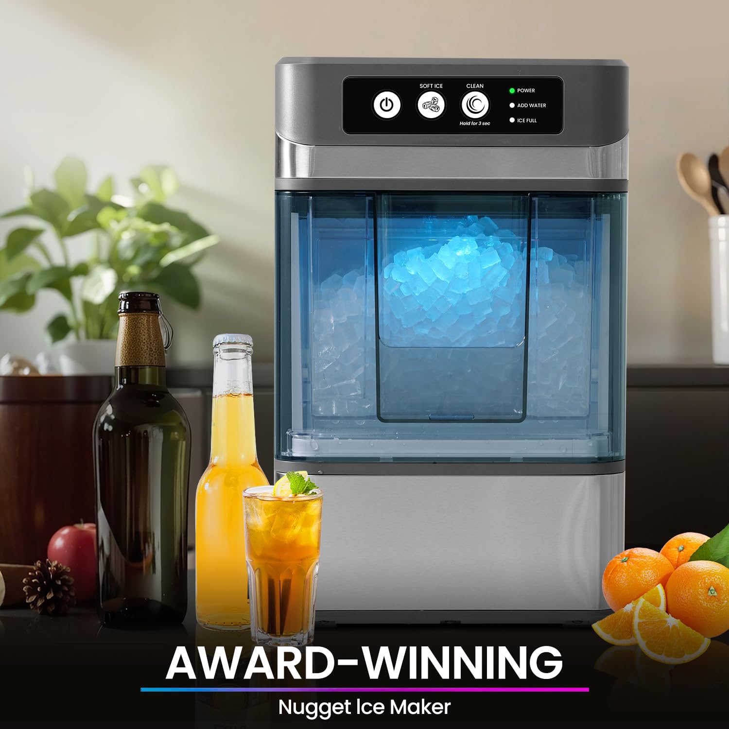 Nugget Ice Maker Coutertop,Chewable Soft Ice Maker Machine,Ready in 6 Mins,41Lbs per Day,Table Top Ice Cube Maker for Home, Self-Cleaning,Stainless Steel,Ideal for Parties, Kitchens, Bars, Offices