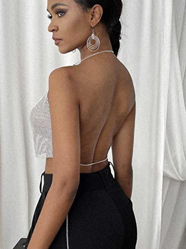 Fstrend Rhinestones Body Chains Chest Sparkly Crystal Bikini Bra Silver Halter Backless Party Rave Accessories for Women(Silver)