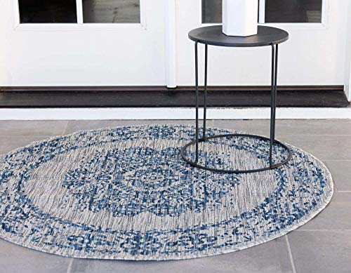 Unique Loom Outdoor Traditional Collection Area Rug - Timeworn (5' 3" Round, Blue/ Gray)