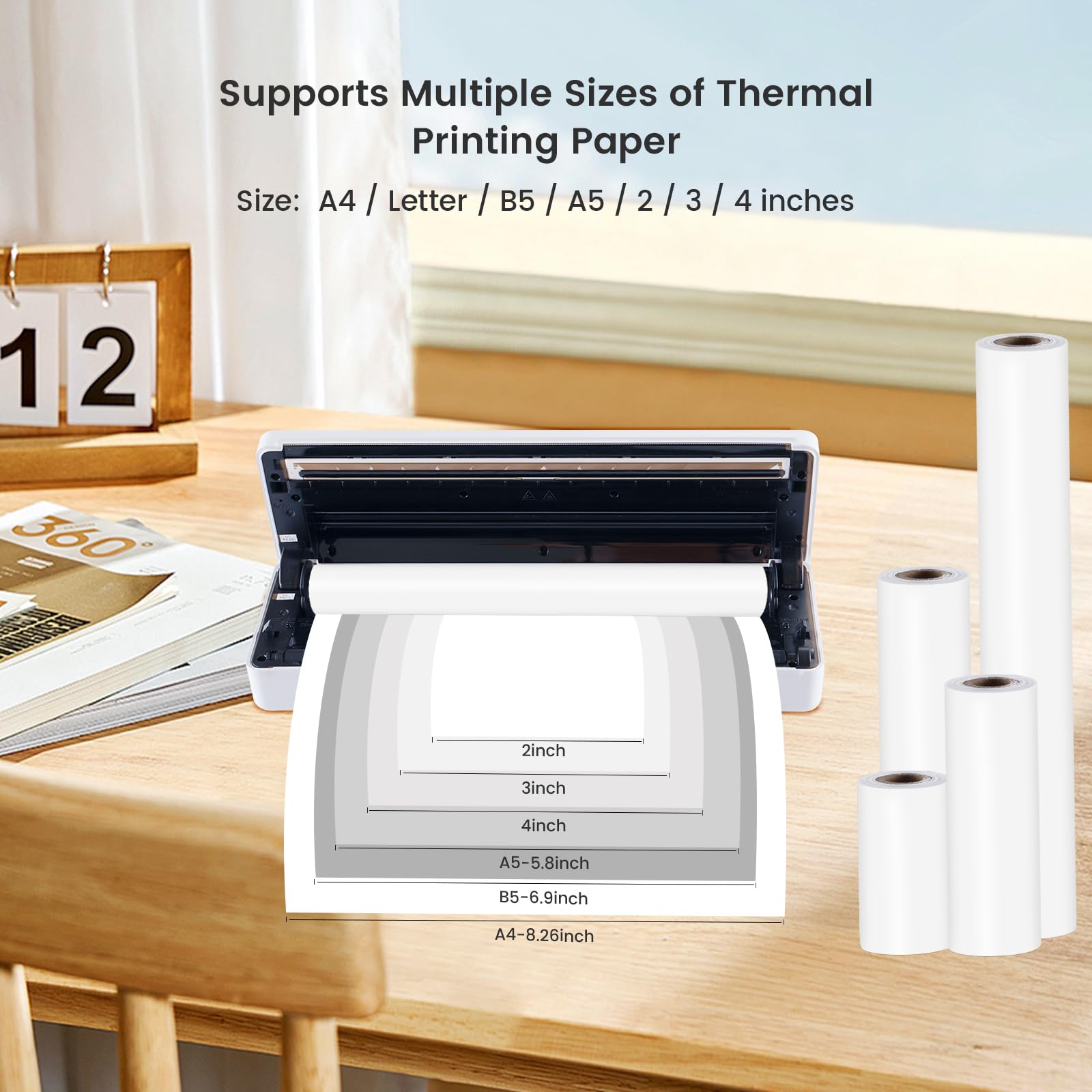 LFPERT A4 Portable Printer Wireless - Inkless Printer Compatible with iOS,Android,Mobile Phones and Laptops,Bluetooth Printer for Travel and Home Office(White Brown), WhiteBrown
